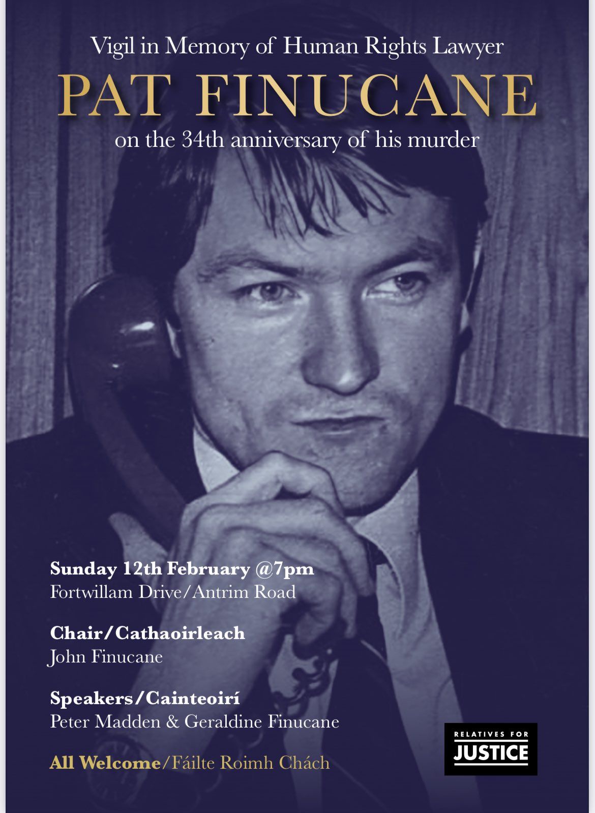 Vigil for Pat Finucane on the 34th anniversary of his murder